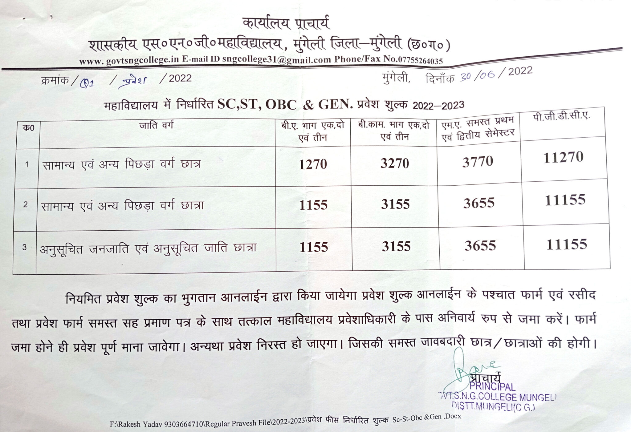 Fees Structure – Govt SNG College